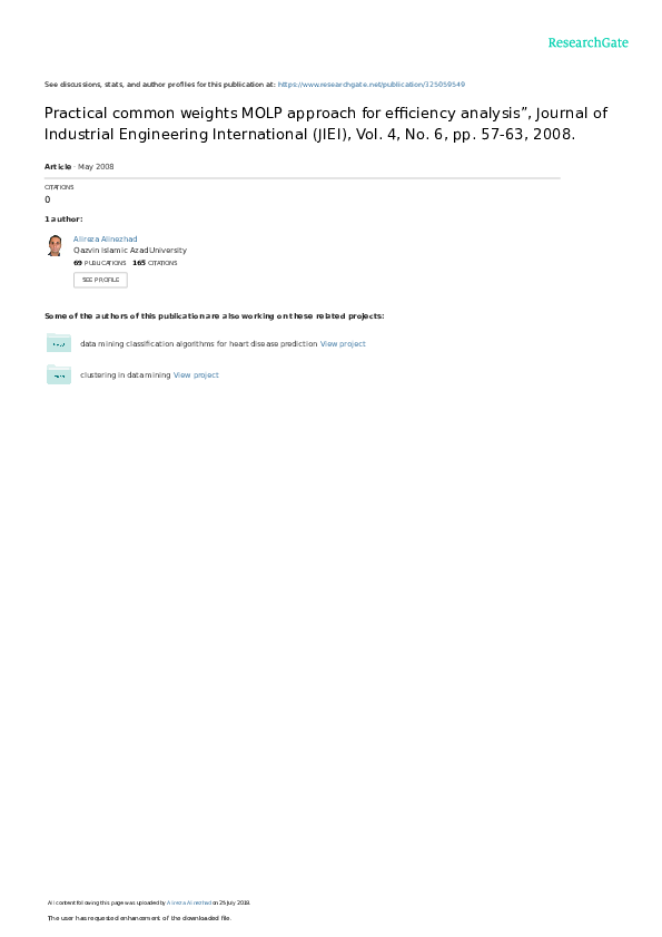 (PDF) Practical common weights MOLP approach for efficiency analysis”, Journal of Industrial ...