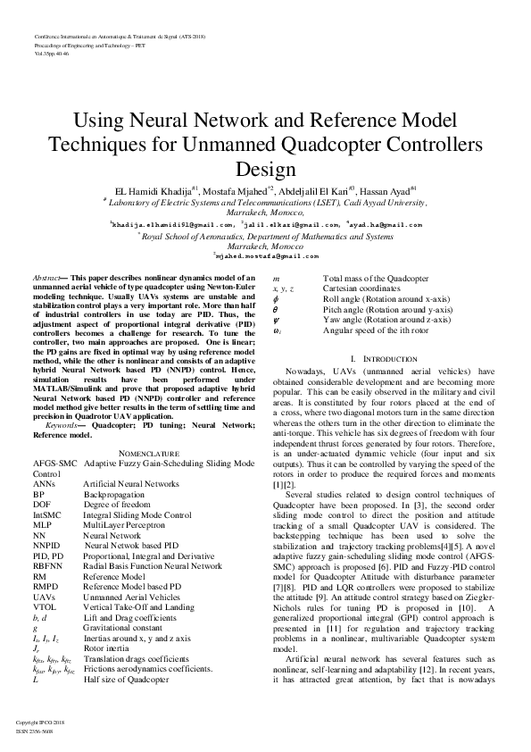 (PDF) Using Neural Network and Reference Model Techniques for Unmanned Quadcopter Controllers Design