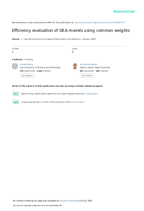 Pdf Efficiency Evaluation Of Dea Models Using Common Weights