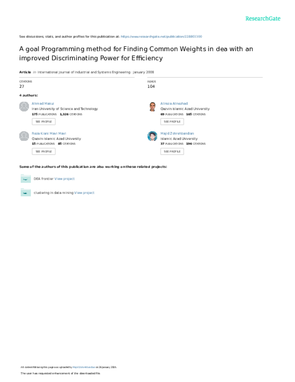 Pdf A Goal Programming Method For Finding Common Weights In Dea With An Improved