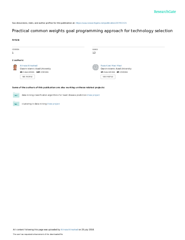 Pdf Practical Common Weights Goal Programming Approach For Technology