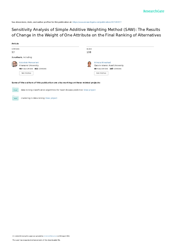 (PDF) Sensitivity Analysis of Simple Additive Weighting Method (SAW): The Results of Change in ...