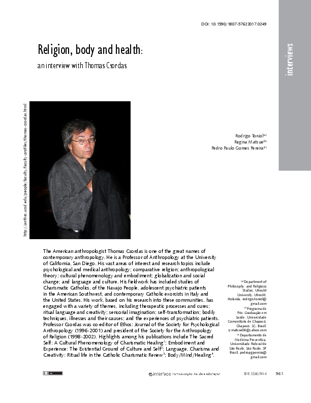 (PDF) Religion, body and health: an interview with Thomas Csordas