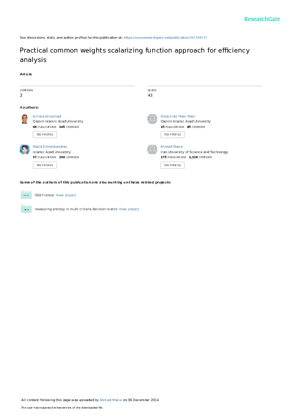 (PDF) Practical common weights scalarizing function approach for efficiency analysis