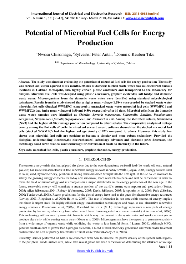 (PDF) Potential of Microbial Fuel Cells for Energy Production