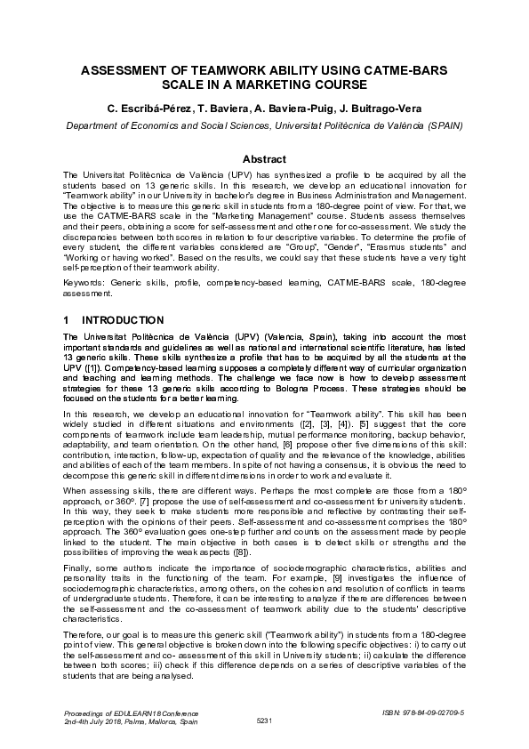 (PDF) Assessment of Teamwork Ability using CATME-BARS Scale in a ...