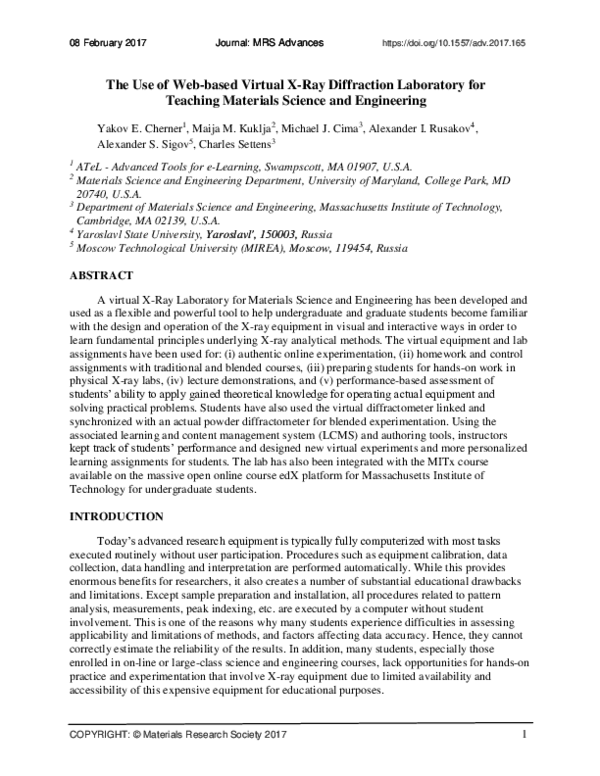 Pdf The Use Of Web Based Virtual X Ray Diffraction Laboratory For Teaching Materials Science