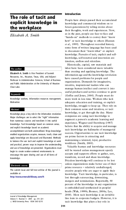 (PDF) The role of tacit and explicit knowledge in the workplace