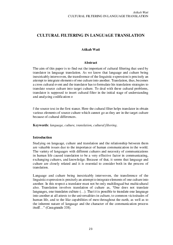 (PDF) CULTURAL FILTERING IN LANGUAGE TRANSLATION CULTURAL FILTERING IN ...