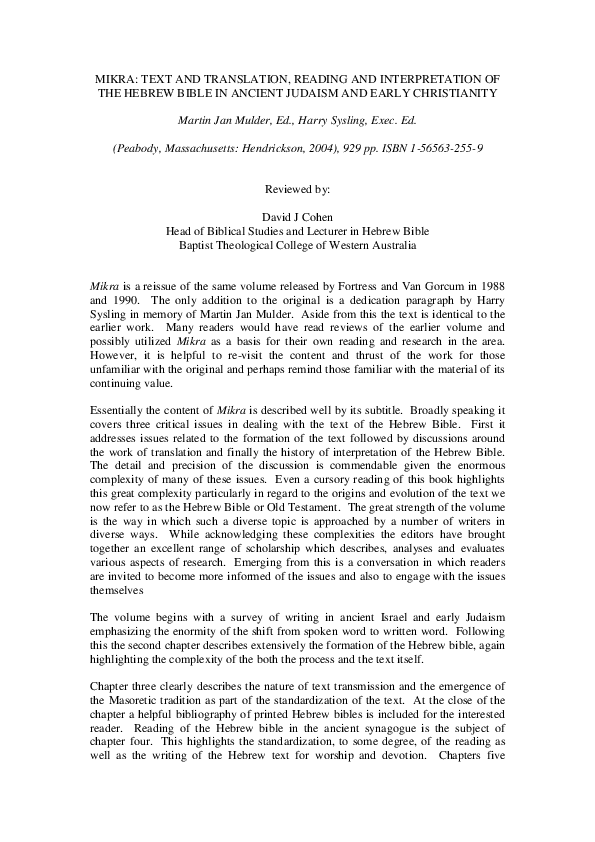 (PDF) Mikra: Text and Translation, Reading and Interpretation of the ...