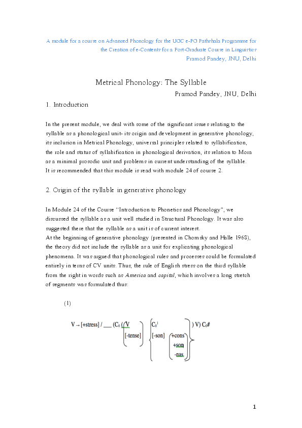 Pdf Metrical Phonology The Syllable