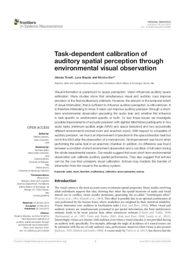 Pdf Task Dependent Calibration Of Auditory Spatial Perception Through