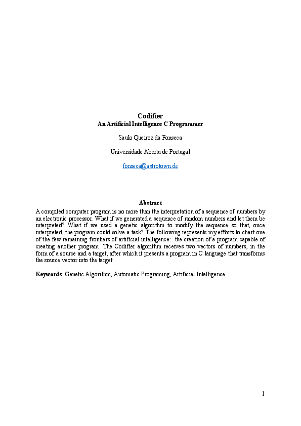 (PDF) Codifier - An Artificial Intelligence C Programmer
