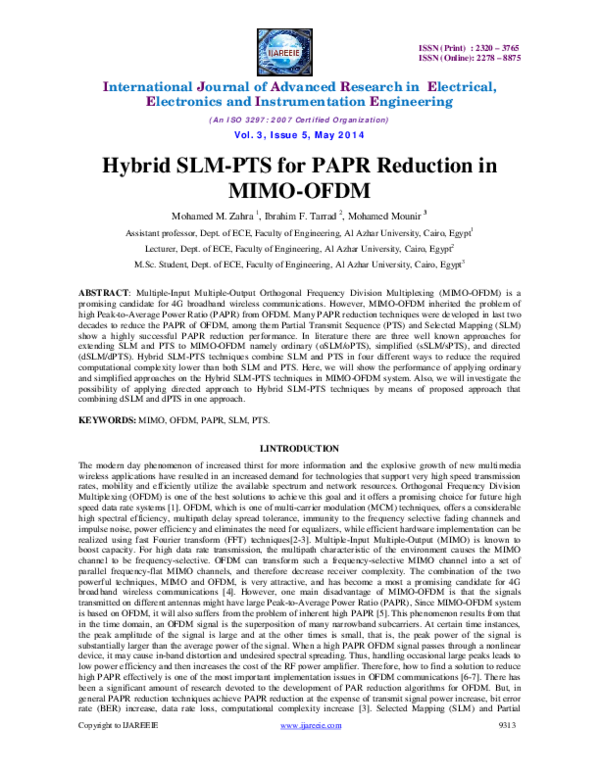 Pdf Hybrid Slm Pts For Papr Reduction In Mimo Ofdm