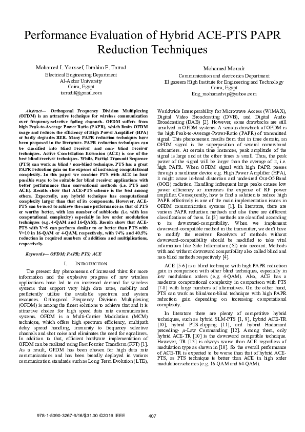 Pdf Performance Evaluation Of Hybrid Ace Pts Papr Reduction Techniques