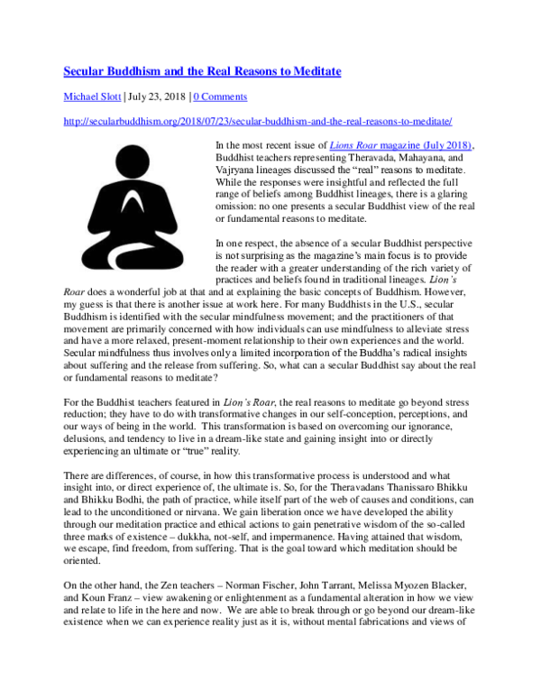 (PDF) Secular Buddhism and the Real Reasons to Meditate