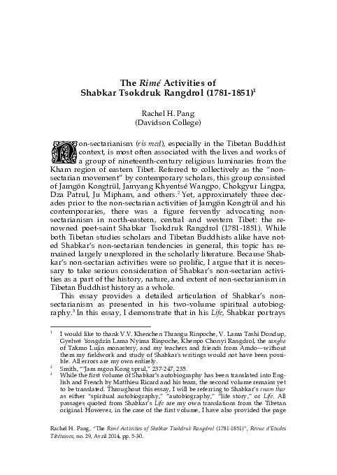 (PDF) The Rimé Activities of Shabkar Tsokdruk Rangdrol (1781-1851)