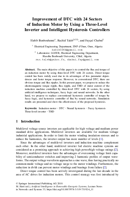 Pdf Improvement Of Dtc With 24 Sectors Of Induction Motor By Using A Three Level Inverter And