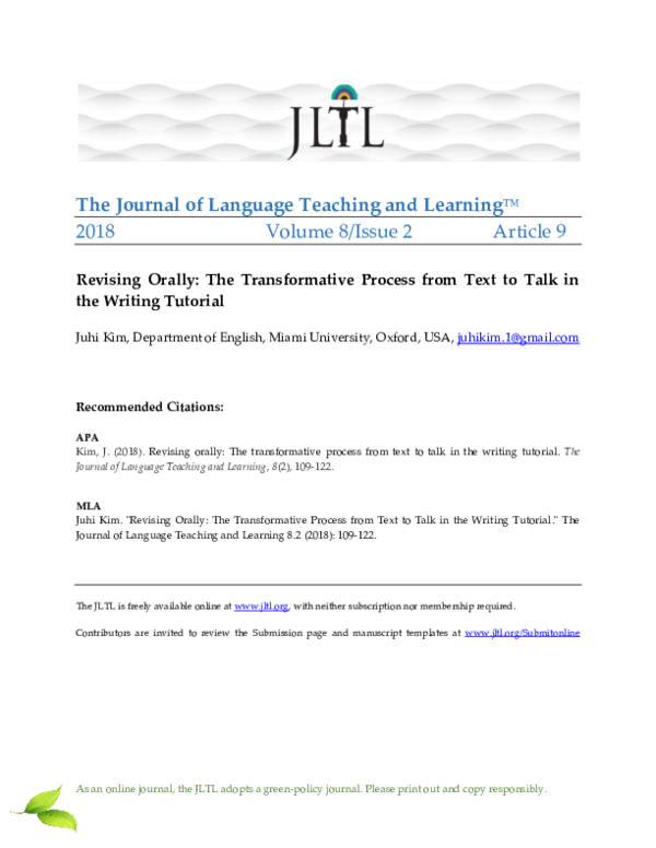 (PDF) Revising Orally: The Transformative Process from Text to Talk in ...