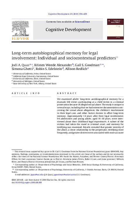 (PDF) Long-term autobiographical memory for legal involvement: Individual and sociocontextual ...