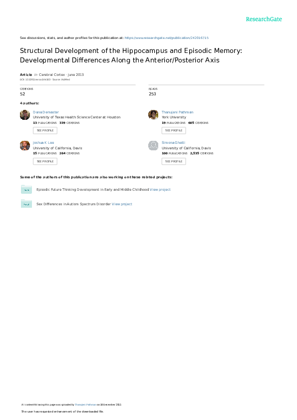 (PDF) Structural Development of the Hippocampus and Episodic Memory: Developmental Differences ...