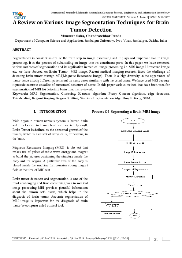 Pdf A Review On Various Image Segmentation Techniques For Brain Tumor