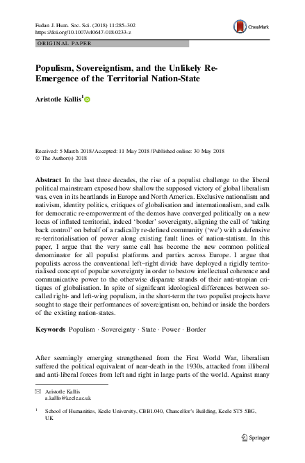 (PDF) Populism, Sovereigntism, and the Unlikely Re- Emergence of the ...