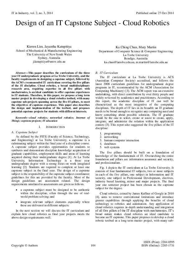 (PDF) Design of an IT Capstone Subject -Cloud Robotics