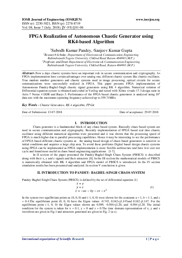 Pdf Fpga Realization Of Autonomous Chaotic Generator Using Rk4 Based Algorithm