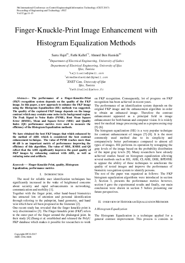 Pdf Finger Knuckle Print Image Enhancement With Histogram Equalization Methods