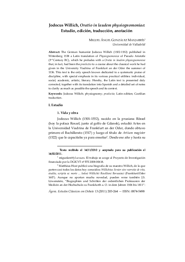 (PDF) "Jodocus Willich, Oratio in laudem physiognomoniae: estudio ...