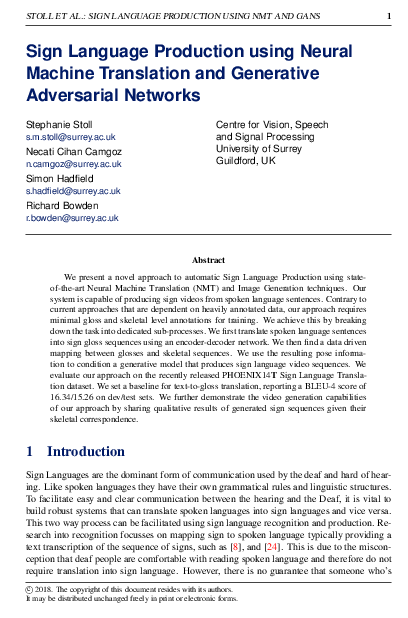 Pdf Sign Language Production Using Neural Machine Translation And Generative Adervsarial Networks