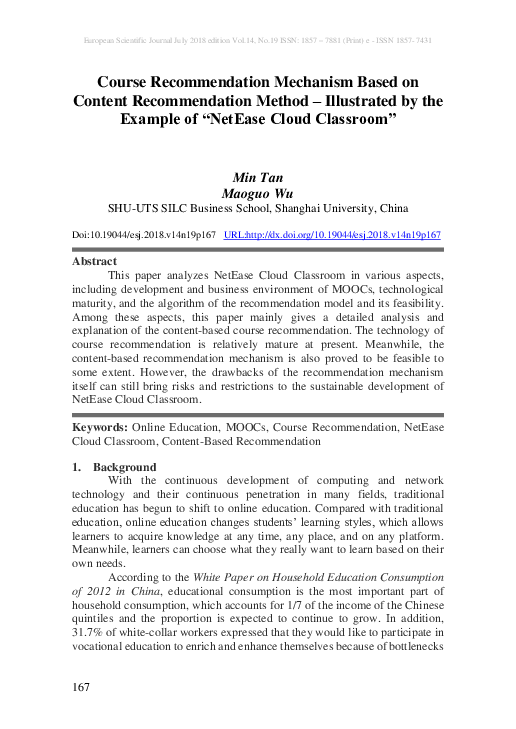 (PDF) Course Recommendation Mechanism Based on Content Recommendation ...