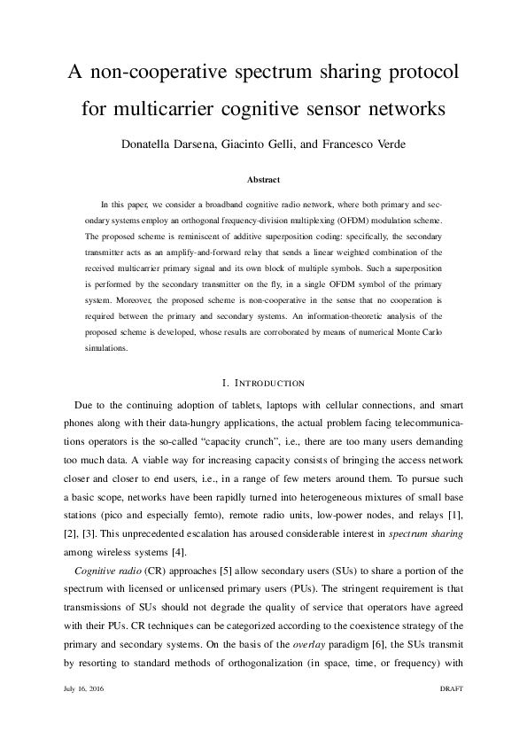 Pdf A Non Cooperative Spectrum Sharing Protocol For Multicarrier Cognitive Sensor Networks