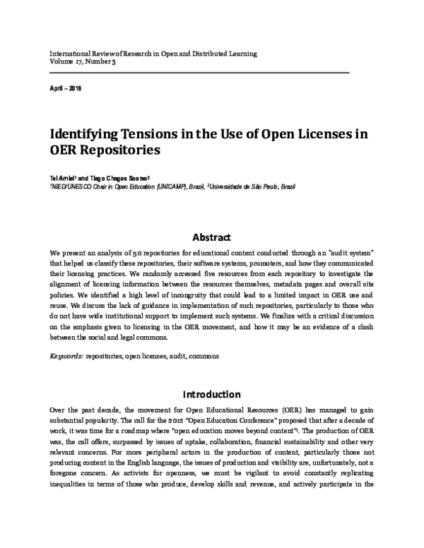 (PDF) Identifying Tensions in the Use of Open Licenses in OER Repositories