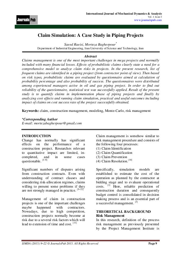 (PDF) Claim Simulation: A Case Study in Piping Projects