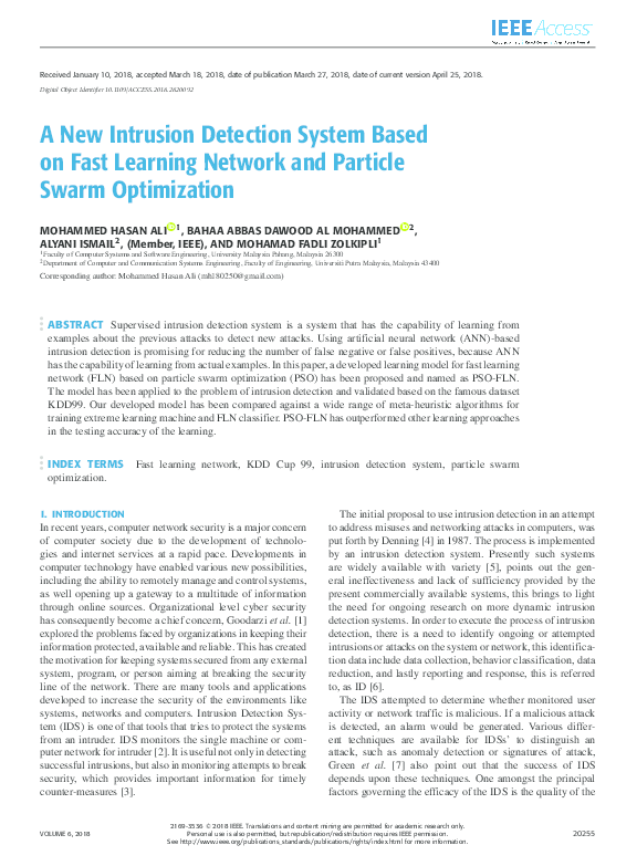 Pdf A New Intrusion Detection System Based On Fast Learning Network And Particle Swarm
