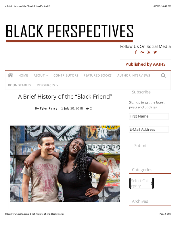 A Brief History of the "Black Friend," Black Perspectives (July 31, 2018)