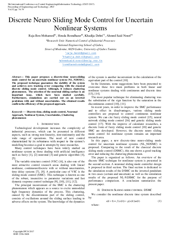 Pdf Discrete Neuro Sliding Mode Control For Uncertain Nonlinear Systems