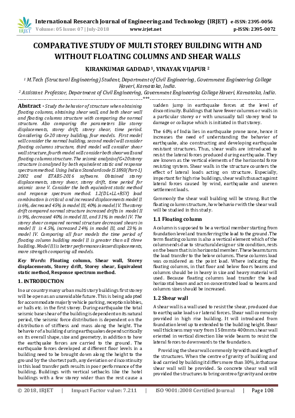 (PDF) COMPARATIVE STUDY OF MULTI STOREY BUILDING WITH AND WITHOUT FLOATING COLUMNS AND SHEAR WALLS