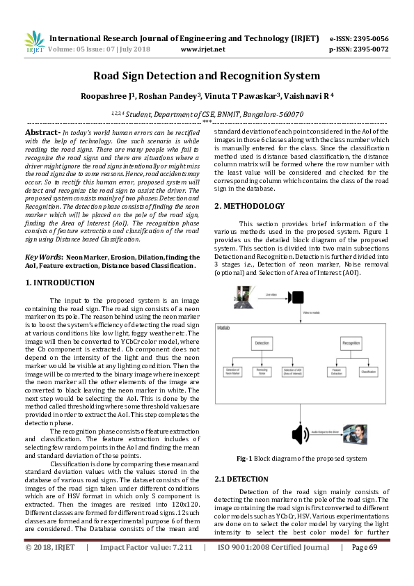 (PDF) IRJET- Road Sign Detection and Recognition System