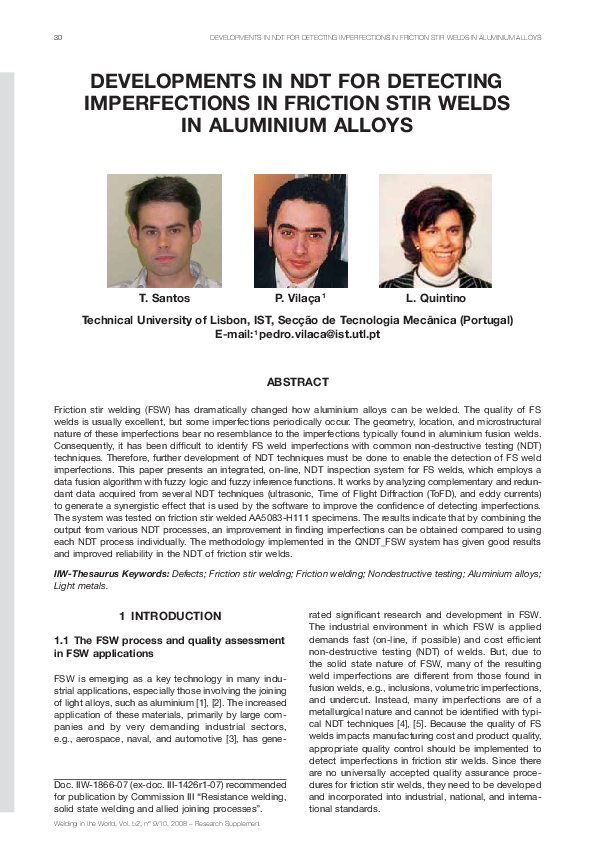 Pdf Developments In Ndt For Detecting Imperfections In Friction Stir Welds In Aluminium Alloys