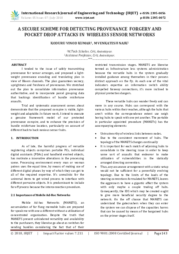 (PDF) IRJET- A SECURE SCHEME FOR DETECTING PROVENANCE FORGERY AND POCKET DROP ATTACKS IN ...