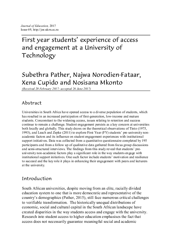 (PDF) First year students’ experience of access and engagement at a ...