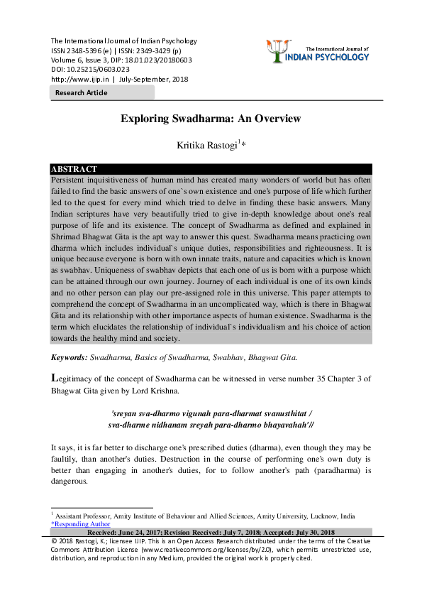 (PDF) Exploring Swadharma: An Overview