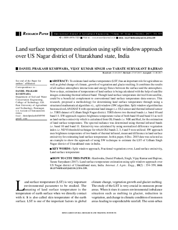 Pdf Land Surface Temperature Estimation Using Split Window Approach