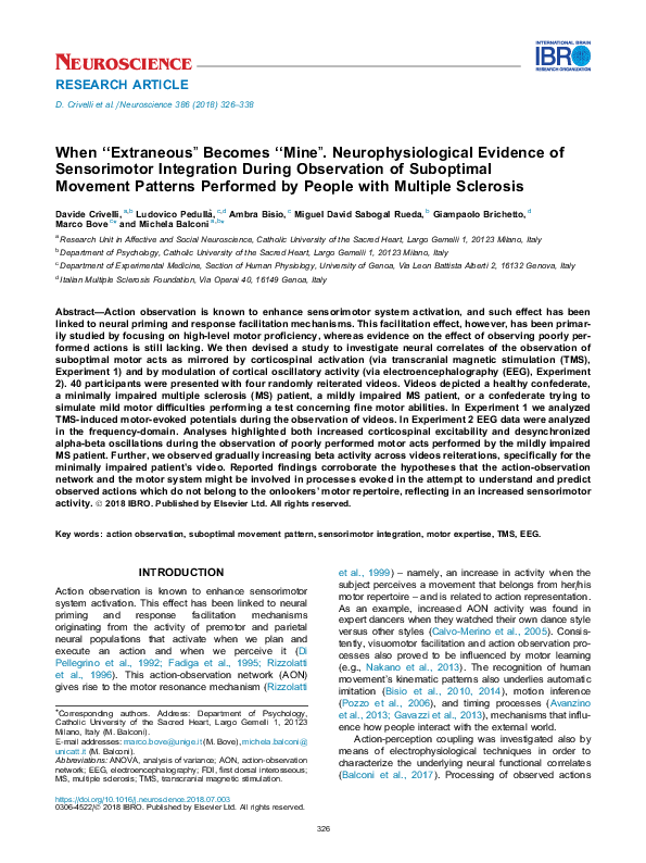 (PDF) When ''Extraneous " Becomes ''Mine " . Neurophysiological Evidence of Sensorimotor ...