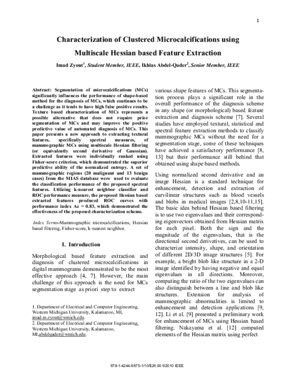 Pdf Characterization Of Clustered Microcalcifications Using Multiscale Hessian Based Feature