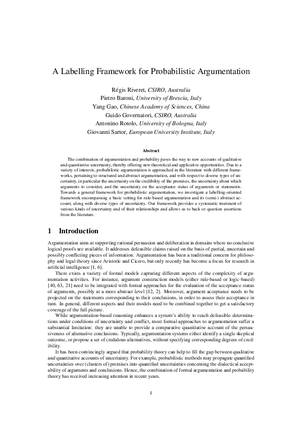 (PDF) A Labelling Framework for Probabilistic Argumentation | Regis Riveret and Guido ...