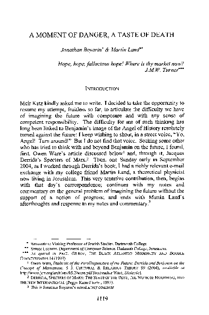 (PDF) Jonathan Boyarin and Martin Land, “Moment of Danger, A Taste of ...